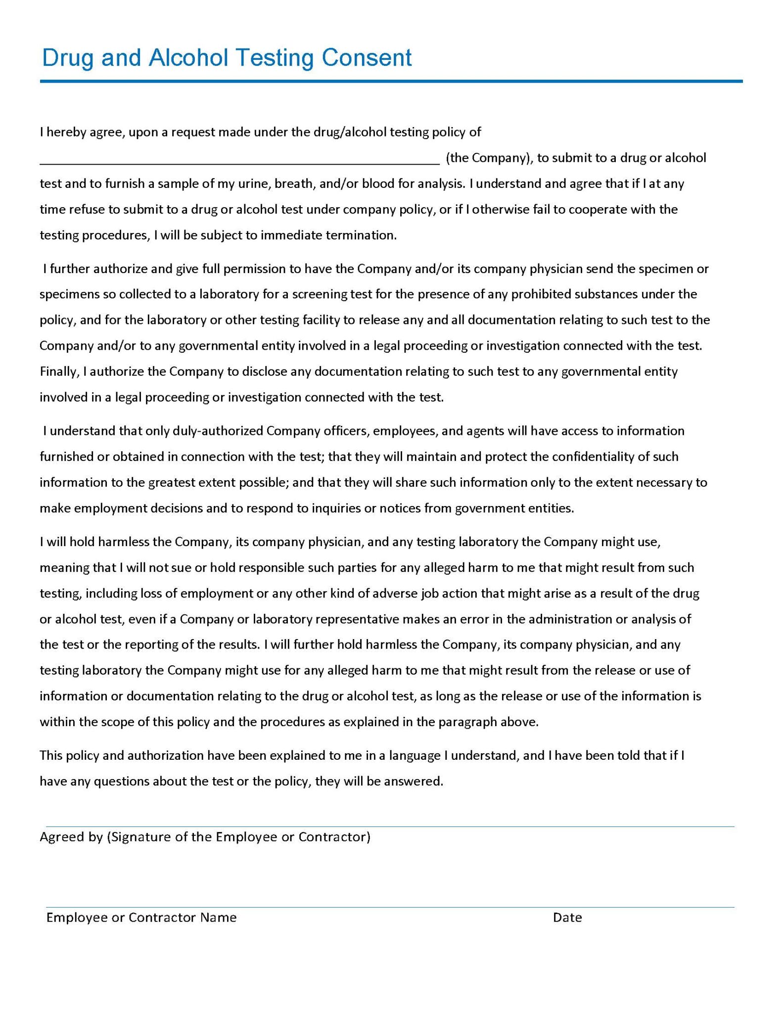 Drug and Alcohol Testing form | Fillable Alcohol Testing form