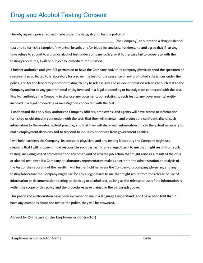 Drug and Alcohol Testing form | Fillable Alcohol Testing form